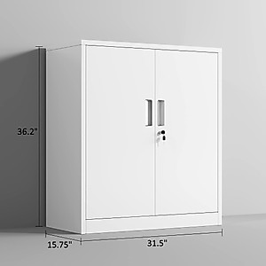 JINKUR Metal Storage Cabinet with Locking Doors and 2 Adjustable Shelves, Small Lockable Steel Storage Cabinets for Home Office Garage Kitchen Pantry (White)