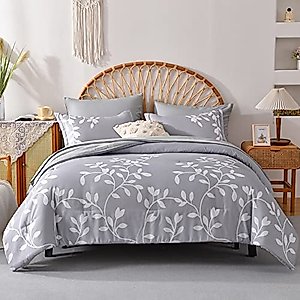 METAHOTS King Size Comforter Set, 7 PCS White Flowers Botanical Printed on Grey Comforter Set with Sheets, Soft Lightweight Microfiber Bedding Set for All Season(104"X90")