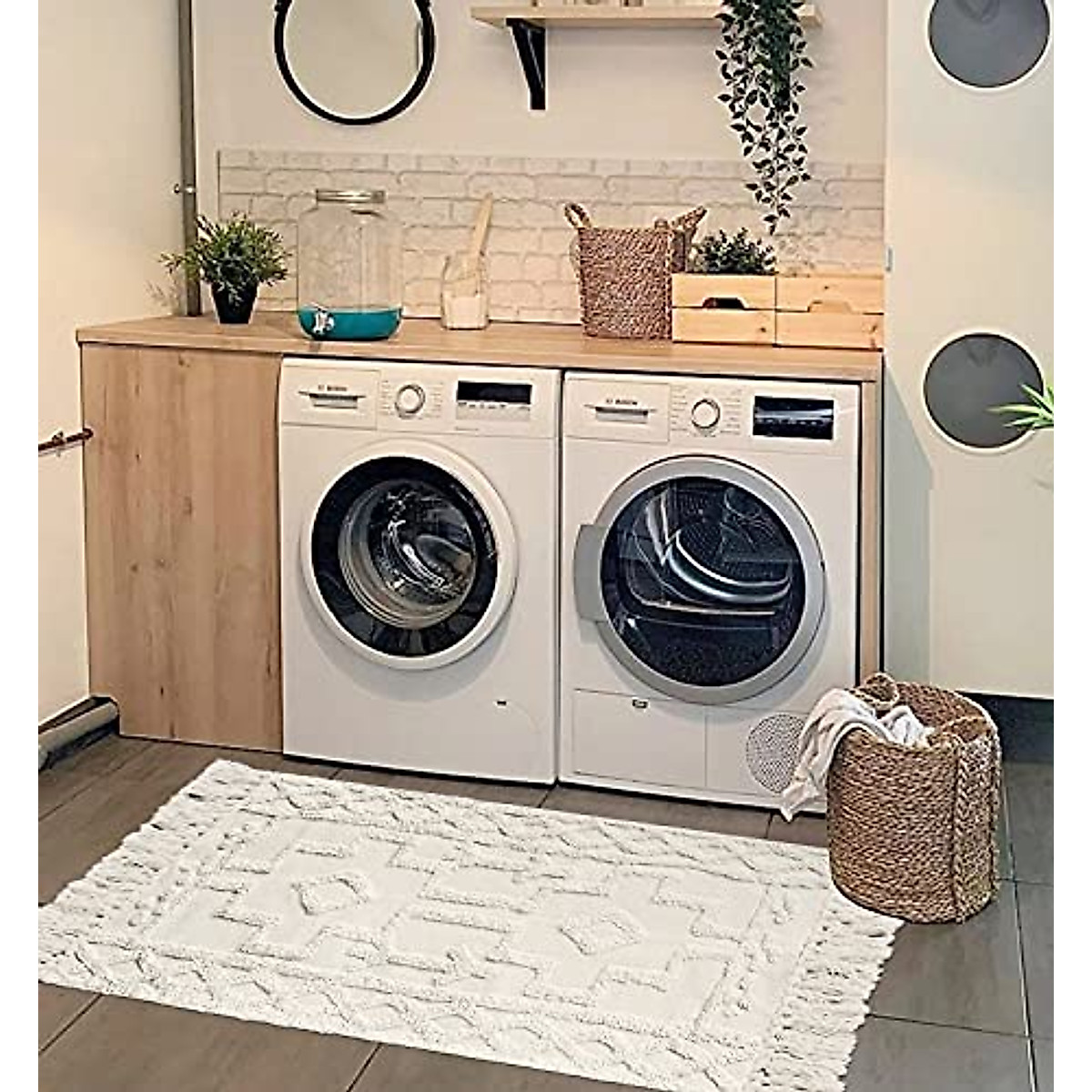 Uphome Boho Runner Rug 2' x 4.3' Tufted Cotton Accent Throw Rugs with Tassel Woven Machine Washable Tribal Floor Mat for Laundry Doorway Hallway Porch Bedroom Kitchen,Beige