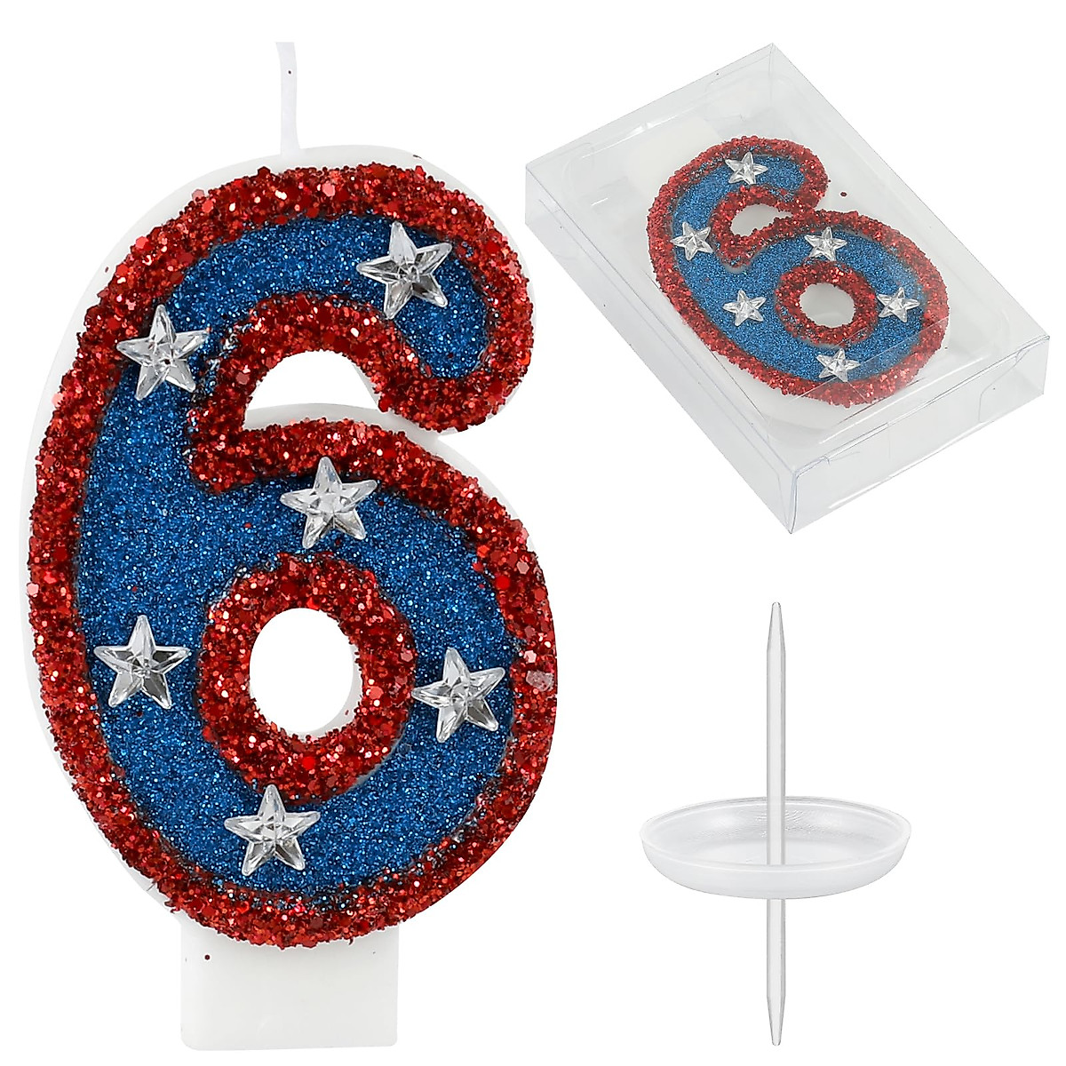 American Flag Birthday Candle Red Blue Sequin Number 6 Candle Perfect for Independence Day and Captain America Birthday Party Decorations Favors