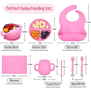 Cibeat Baby Feeding Utensils Set, 7 Pcs Silicone Toddler Eating Supplies - Adjustable Bibs, Suction Divided Plate, Placemat, Suction Bowls, Straw Sippy Cup, Etc - Baby Led Weaning Supplies