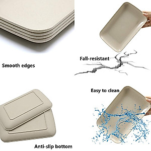 Roucerlin 4 Pack Big Rectangular Dinner Plates, Unbreakable Wheat Straw Plates, Reusable Durable Lightweight Salad Plate for Fruits, Snack, Pasta, Cake, Dessert, Dishes (9.3in, Beige)