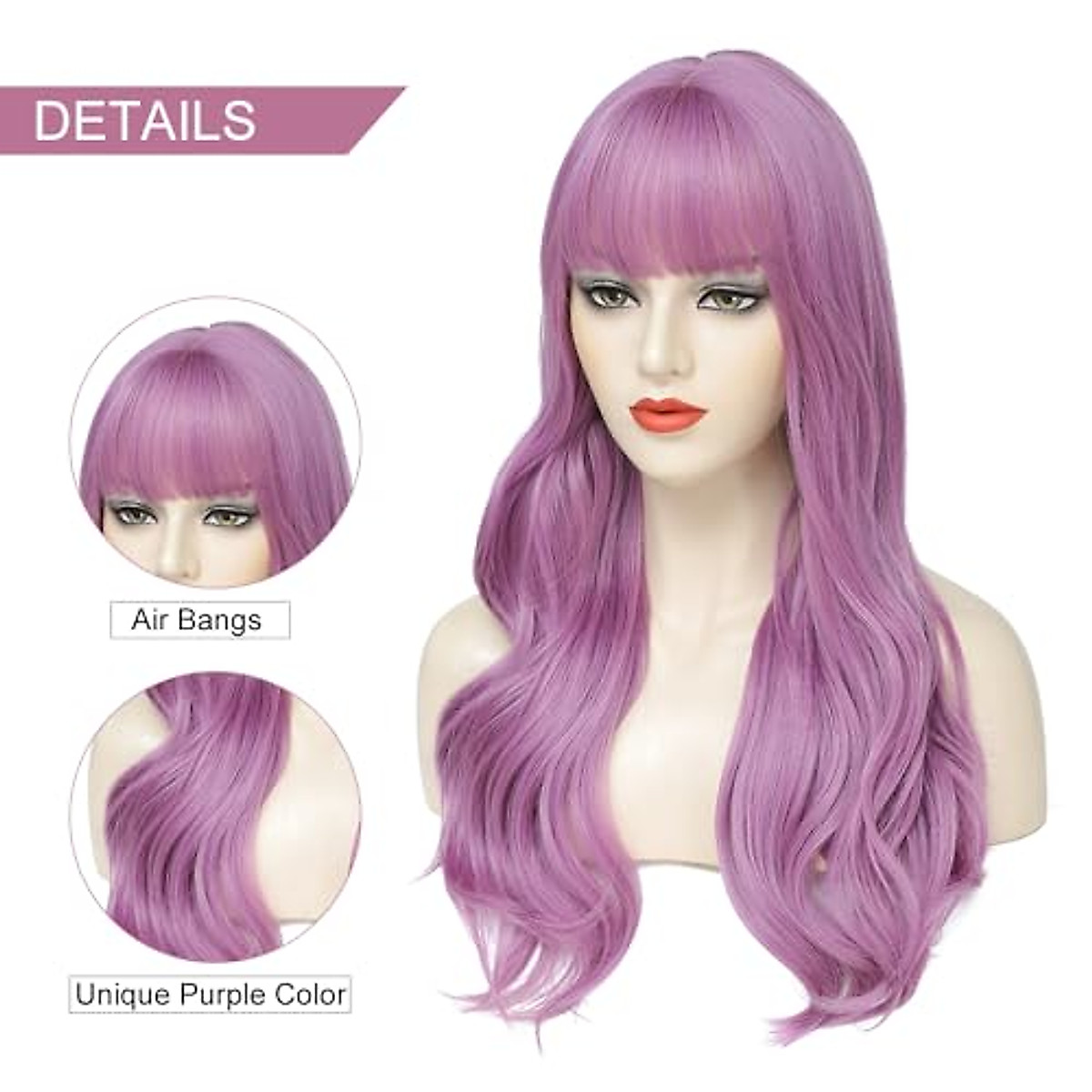 AISI QUEENS Long Purple Wigs for Women Purple Wig with Bangs Lavender Wig for Women Purple Wavy Wigs Purple Synthetic Heat Resistant Wigs for Daily Cosplay Party Winter Holiday Wig (26inch, Purple)