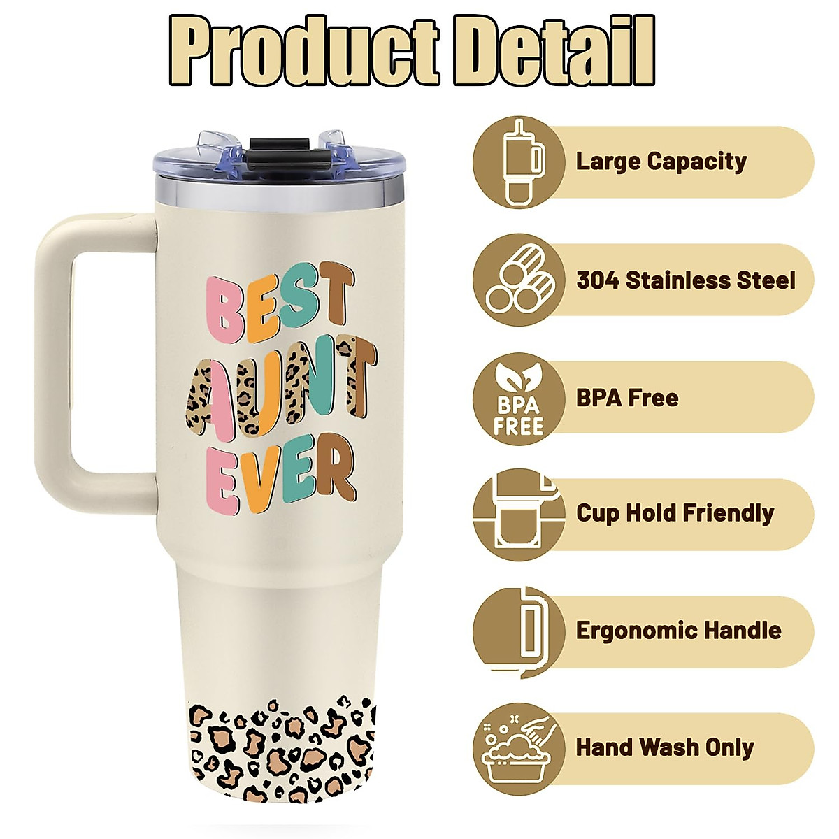 Aunt Gifts, Best Aunt Ever Tumbler - 40oz Stainless Steel Travel Mug Insulated Coffee Cup, Auntie Gift Ideas, Aunts Gift for Birthday Mothers Day (with Lid and Straw)
