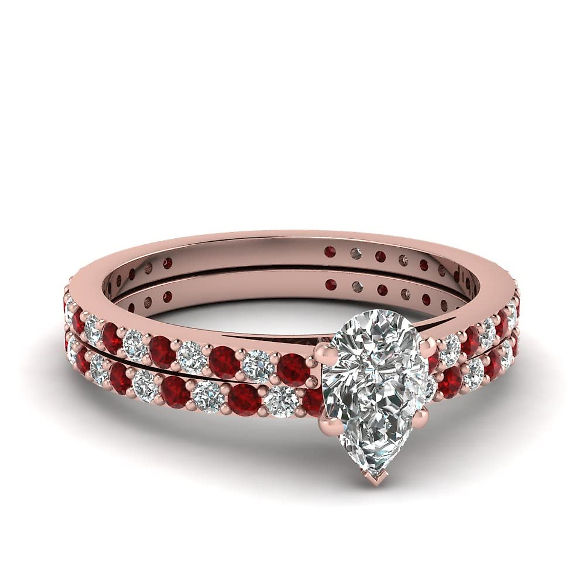 55Carat Classic Delicate Diamond Wedding Set 14k Rose Gold Plated Created Ruby Pear Shape Red colorWedding Ring Sets Prong Setting in Size 8
