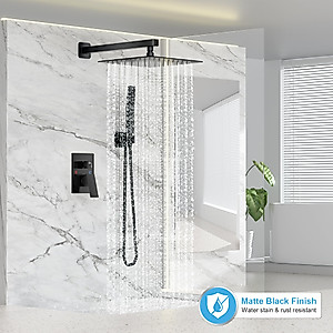 FPXRNG Black Shower Faucet Set, Rainfall Shower System with Rain Shower Head and Handle Set, Wall Mounted Shower Fixtures, Full Metal Trim Repair Kit 10 inch Matte Black (With Shower Valve)
