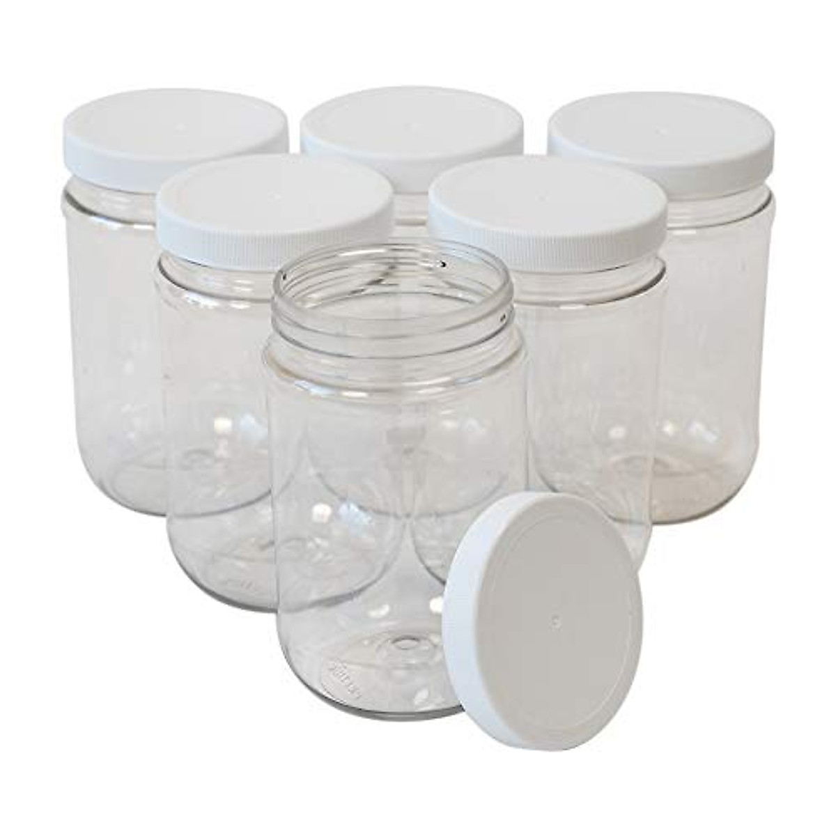 CSBD 16 Oz Clear Plastic Mason Jars With Ribbed Liner Screw On Lids, Wide Mouth, ECO, BPA Free, PET Plastic, Made In USA, Bulk Storage Containers, 6 Pack (16 Ounces)