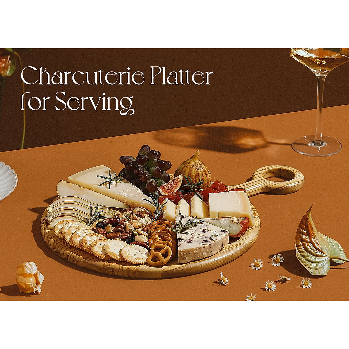 Dofira Italian Olive Wood Round Cutting Board with Ring Handle, Decorative Wooden Serving Board for Kitchen, Reversible Charcuterie Platter for Cheese, Pizza, Bread, Meat, Fruits, 17x12in [Gift Box]