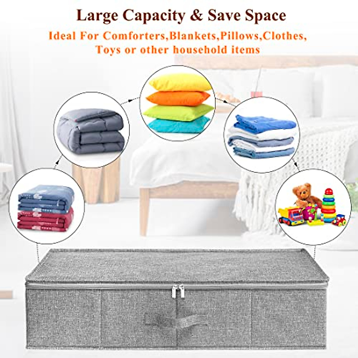 Under Bed Storage, 2 Pack Underbed Storage Container Bags With Lid, Foldable Sturdy Clothes Storage Drawer Organizer W/ 3 Handles, Ultra Thick Fabric Blanket Shoe Storage Box, 30x15x6.7inch, Grey