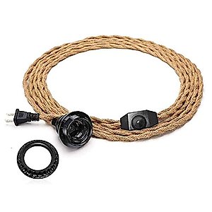 Vintage Plug in Hanging Light Kit, DORESshop Vintage 15FT Twisted Hemp Rope Pendant Light Cord Kit with Dimmer Switch, Industrial Pendant Lighting E26 Socket for Pendant Lamp Farmhouse Lamp Cable DIY
