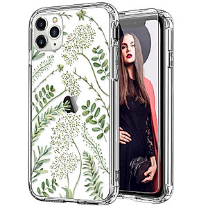 ICEDIO for iPhone 11 Pro Case with Screen Protector,Clear with Green Leaves Floral Flower Fashionable Patterns for Girls Women,Slim Fit Acrylic Cover Protective Phone Case for iPhone 11 Pro 5.8"