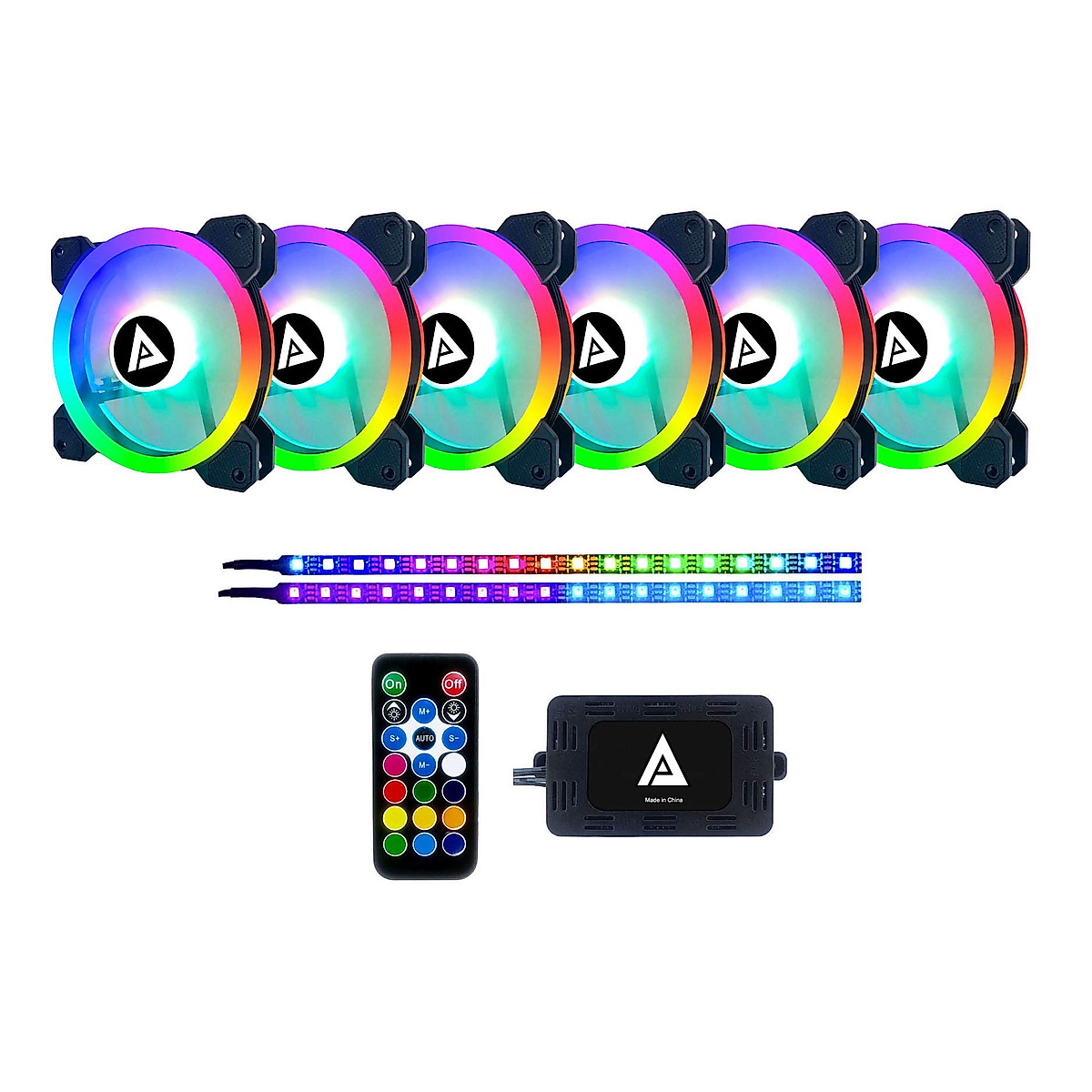 Apevia TL612L2S-RGB Twilight 120mm Silent Dual-Ring RGB Color Changing LED Fan w/Remote Control, 28x LEDs & 8X Rubber Pads w/ 2 LED Strips (6+2-pk)