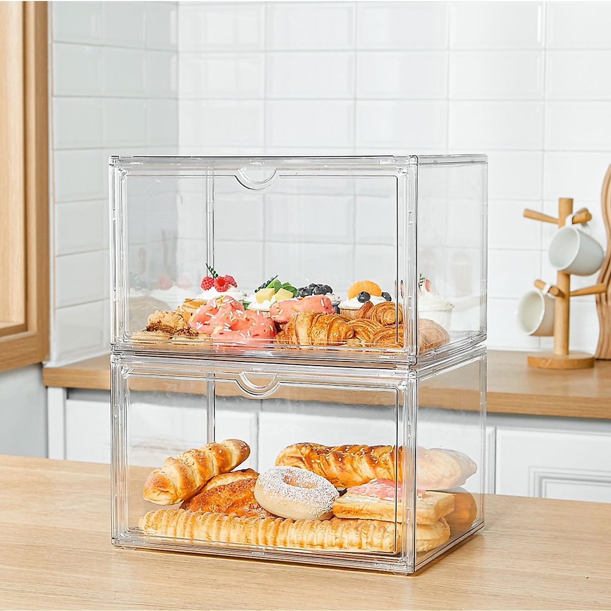 SANKEU 1PCS Large Bread Box for Countertop, Sturdy Stackable Bread Storage Container, Clear Box for Kitchen, Bread Keeper Bread, Bagel, Muffins