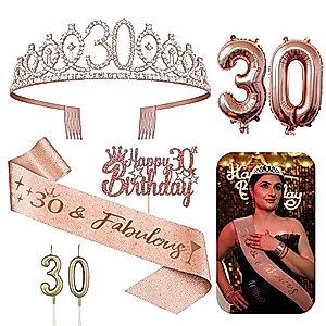 30th Birthday Decorations for Her - 5pcs Gifts Including 30th Tiara Crown, Sash, Cake Toppers, Balloons, Birthday Candles, 30 Birthday Gifts for Women