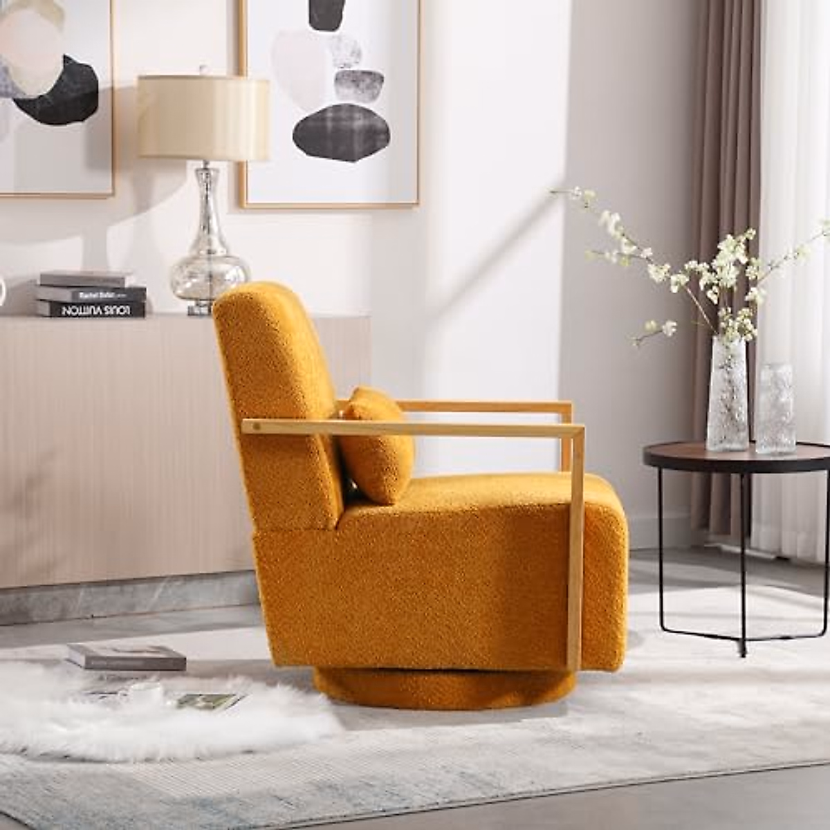 30.5" W Swivel Modern Boucle Upholstered Accent Chair with Solid Wood Armrests, Comfy Lounge Reading Chair, Side Armchair for Hotel Bedroom Living Room Office Nursery Room (Mustard)