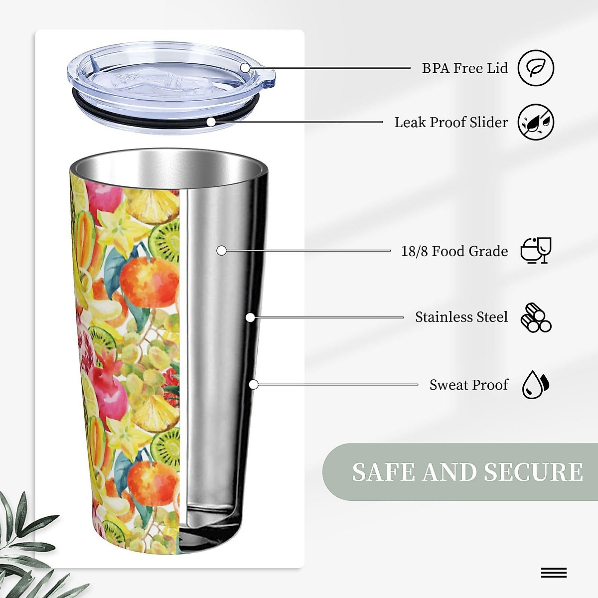 Yaxongx 20oz Tumbler Summer Fruit Double Wall Vacuum Insulated Coffee Mug with Lid and Metal Straw Brush Reusable Stainless Steel Water Bottle Travel Cup Gifts for Car Ice Drinks Hot Beverage