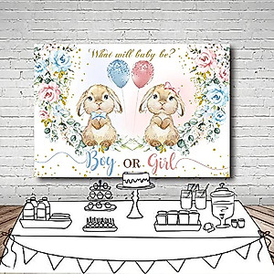 MEHOFOND Bunny Gender Reveal Backdrop Boy Or Girl What Will Our Little Bunny Be Banner Spring Easter Rabbit Floral Kids Party Decoration Supplies Photography Background Photobooth Props 7x5ft