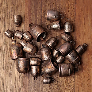 metalart Handmade Vintage Indian Tin Bells Rustic Chime With Wood Striker Tin Cow Bells For Crafts Anniversary Cattle Party Favors Wall Art Orchard Garden Art ( 5 Bells In 1 Set ) (Size -E)