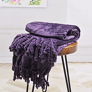 BYTIDE Throw Blankets Couch Cover Flannel Fleece Throw with Braided Rope Fringe Tassels, Plush Cozy Warm Soft Smooth Throw for Couch Sofa Bed Chair Home Décor, 50" x 60", Dark Purple