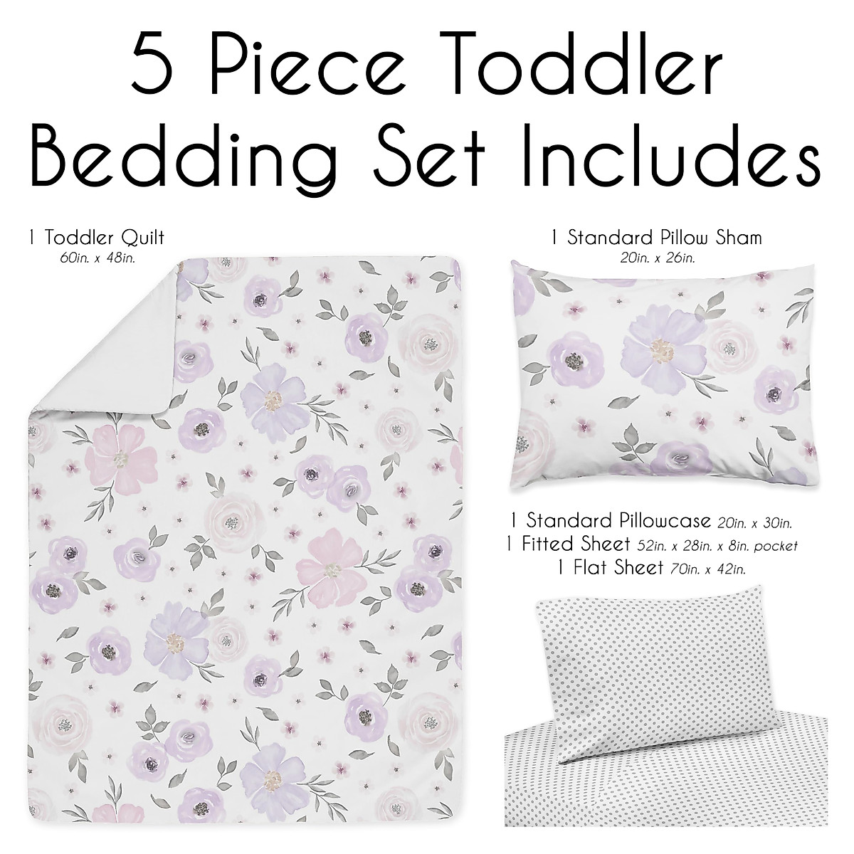 Sweet Jojo Designs Lavender Purple, Pink, Grey and White Shabby Chic Watercolor Floral Girl Toddler Kid Childrens Bedding Set - 5 Pieces Comforter, Sham and Sheets - Rose Flower Polka Dot