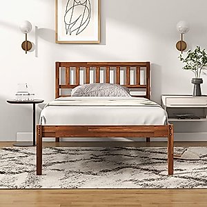 Giantex Wood Twin Bed Frame with Headboard, Mid Century Platform Bed with Wood Slat Support, Solid Wood Foundation, 12 Inch Height for Under Bed Storage, Easy Assemble, Walnut