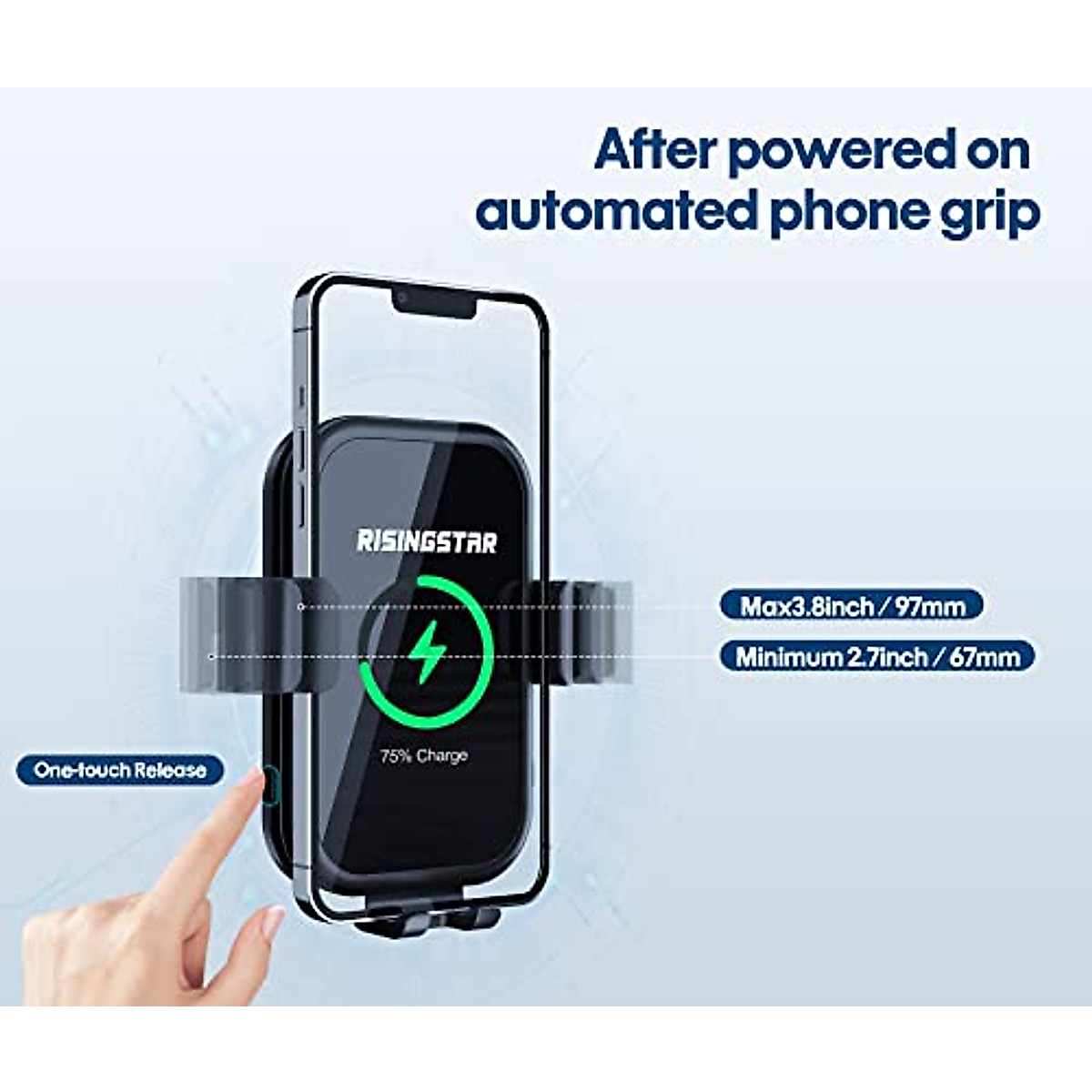 Risingstar Wireless Car Charger, 15W Fast Wireless Car Charger Mount, Auto-Clamping Alignment Windshield Dashboard Air Vent Cell Phone Holder for iPhone 14/13/12/11/pro/X/8, Samsung S20/S10/S9/S8