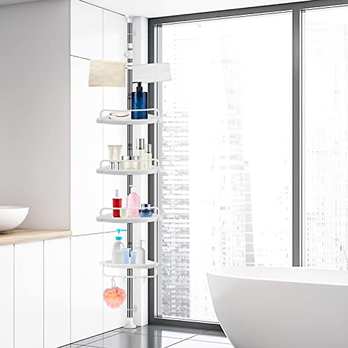 WSBArt 5.5-10ft Rustproof Shower Caddy Tension Pole,4 Tier Corner Caddy Shelf Height Adjustable Bathtub Organizer Shower Tension Rod Shower Caddy Shower Racks