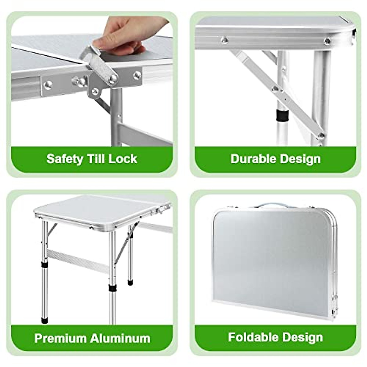 JUOIFIP Folding Camping Table Outdoor, 2 Adjustable Height Portable Folding Camping Table for Camp, Lightweight Aluminum Fold Up Camp Table for Picnic, BBQ, Party, Travel, Home Use. White