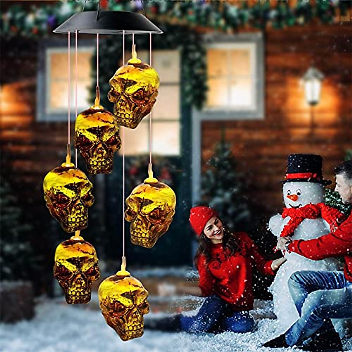Solar Skeleton Skull Light Skull Wind Chime LED Skeleton Skull Night Light Party Decorate Pendant Waterproof Hanging Garden Wind Chimes Ghost Light for Outdoor Yard Garden Decor