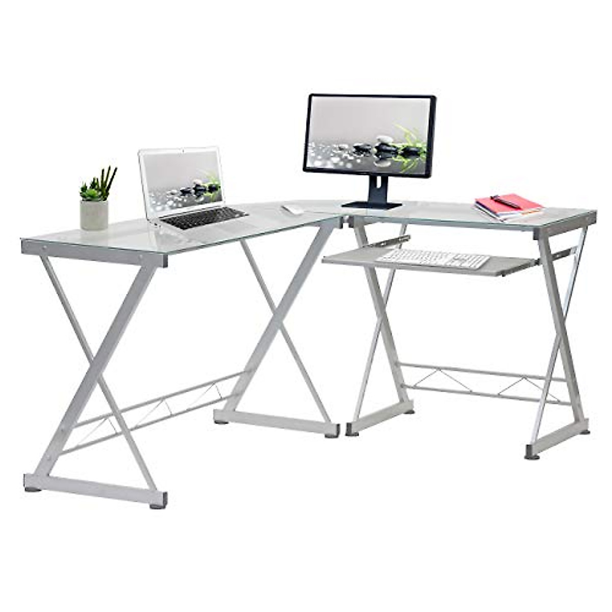 Techni Mobili L Shaped Desk with Keyboard Tray - Efficient Work from Home Desk - Glass L Shaped Desk - Professional Work Desk For Home Office - Versatile Glass Corner Desks for Home Office