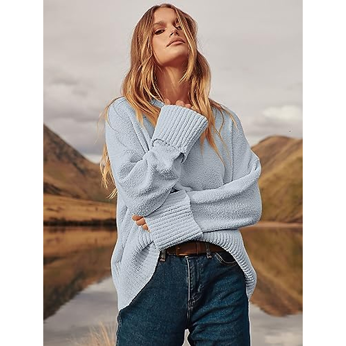 ANRABESS Women's Oversized Crewneck Long Sleeve Fuzzy Knit Casual Chunky Warm 2025 Fall Pullover Sweaters Top Trendy Outfits Light Blue Small