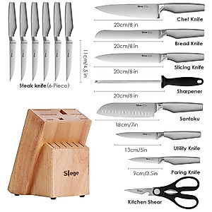 Knife Set,15 Pcs Kitchen Knife Set,Stainless Steel Knives with Wooden Block,Professional Chef Knifes Set for Kitchen,Multipurpose sharp knife,gray