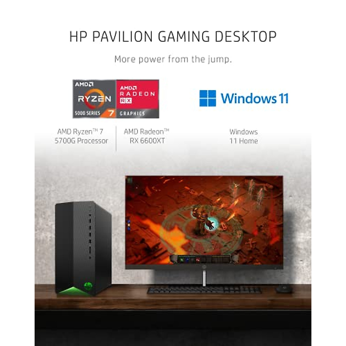 HP Pavilion AMD Radeon RX 6600XT, AMD Ryzen 7 5700G Processor, 16 GB RAM, 512 GB SSD, Windows 11 Home, Wi-Fi 5 & Bluetooth 4.2, 9 USB Ports, Pre-Built Gaming PC Tower (TG01-2070, 2021)