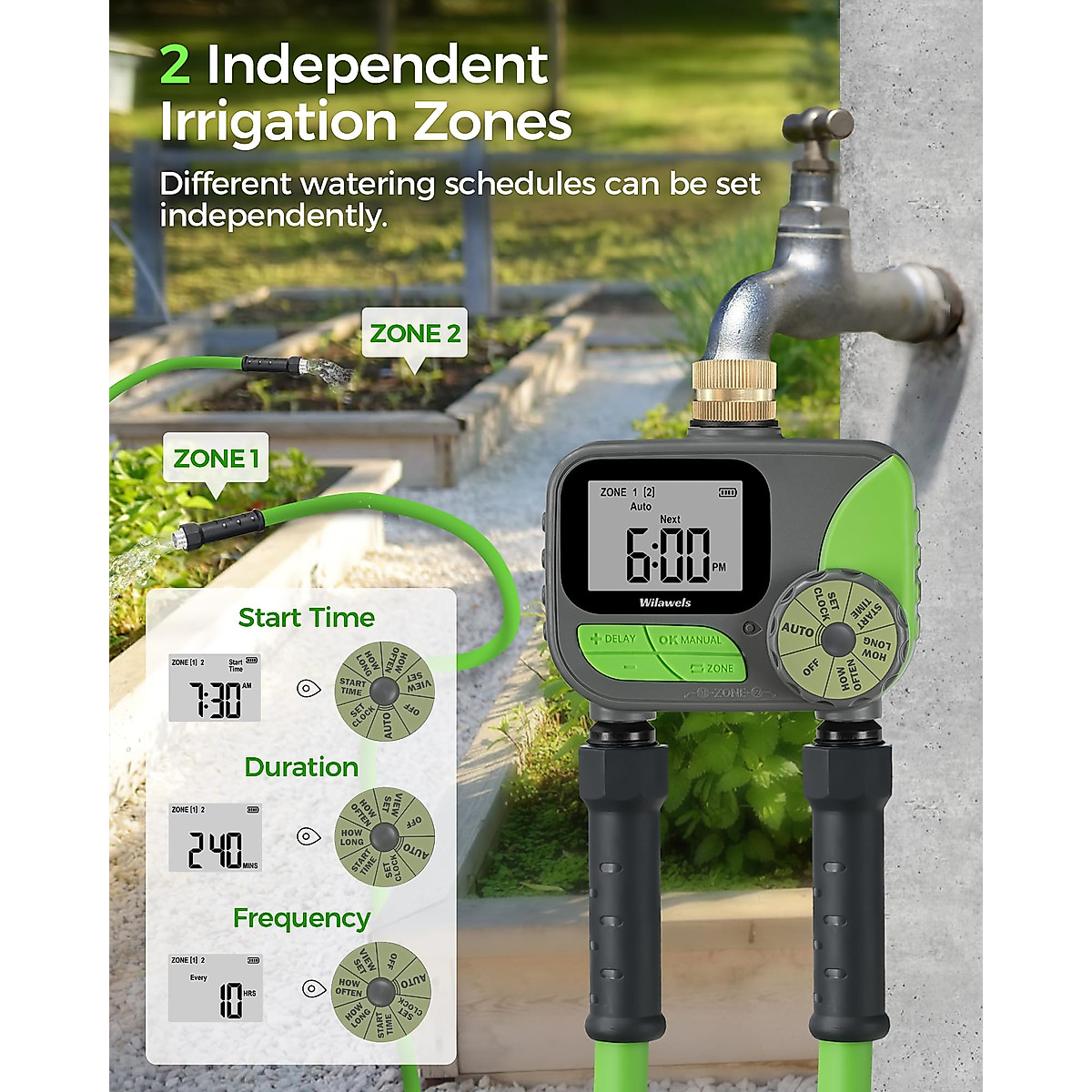 WILAWELS Brass Sprinkler Timer 2 Zone, Programmable Garden Water Timer, Automatic Irrigation Timer with Rain Delay/Manual/Auto Mode, Waterproof and Leak-Proof, for Yard, Garden, Lawn, 2 Outlet B12WT06