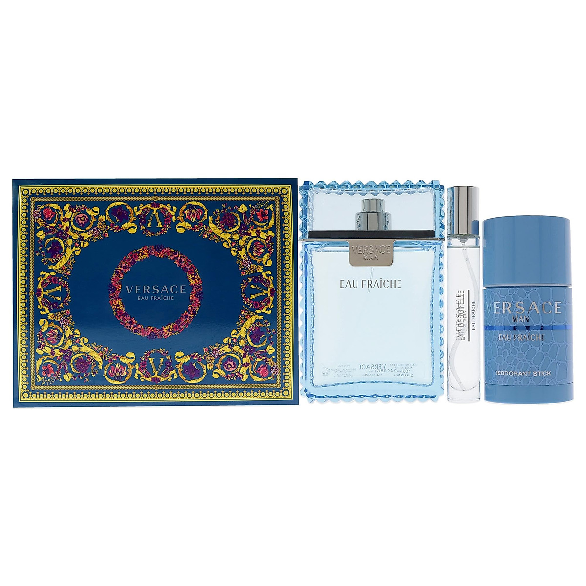 Versace Versace Eau Fraiche Men 3 Pc Gift Set 3.4oz EDT Spray, 2.5oz Deodorant Stick, 0.33 EDT Spray