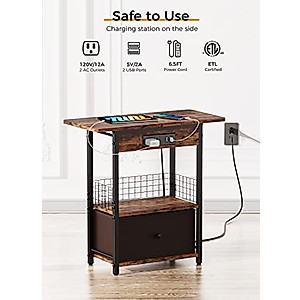 GiveBest End Table with Charging Station, Narrow Side Table with Cloth Drawer and Open Storage, Sofa Table with USB Ports and Outlets, Slim Bedside Table with Open Shelves for Living Room, Office