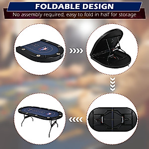 RayChee Poker Table Foldable for 10 Player, Folding Casino-Style Texas Hold'em Poker Table w/Faux Leather Padded Rails & Stainless Steel Cup Holders, Fully Assembled (Black, 84 inch)