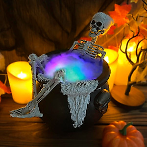 8" Cauldron Halloween Decorations Indoor, Skeleton Bathing Black Plastic Cauldron with LED Lights, Perfect Witch Cauldron Decor for Indoor Halloween Decorations Party & Haunted House Props