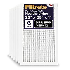Filtrete 20x25x1 AC Furnace Air Filter, MERV 12, MPR 1500, CERTIFIED asthma & allergy friendly, 3 Month Pleated 1-Inch Electrostatic Air Cleaning Filter, 6-Pack (Actual Size 19.69x24.69x0.78 in)