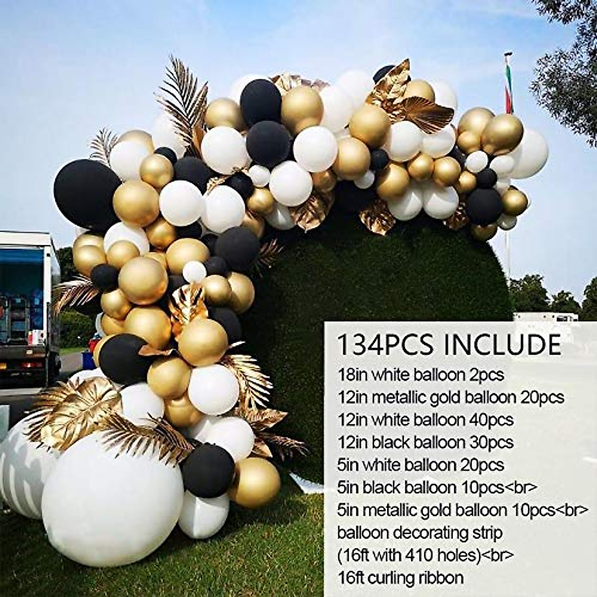 Black and Gold Balloon Arch Garland Kit-Macaron Black Balloon Metallic Gold Balloon White Balloon 132Pcs for Independence Day Birthday,Fiesta,Wedding,Christmas and Engagement.