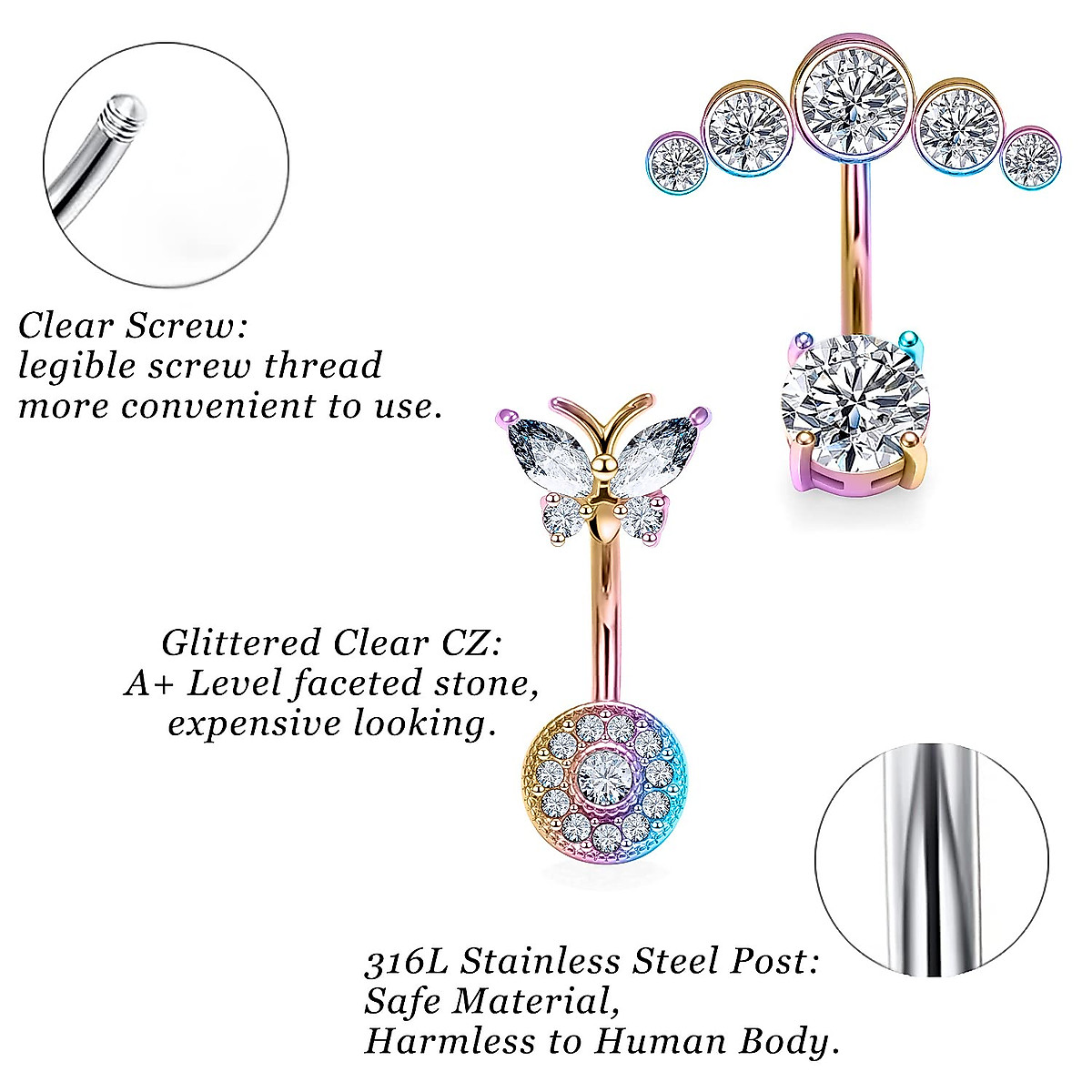 14G Belly Button Rings Belly Rings for Women Stainless Steel CZ Belly Piercing Jewelry Surgical Steel Clicker Belly Button rings Curved Navel Ring Barbell Body Jewelry Piercing Rainbow 7Pcs 10MM