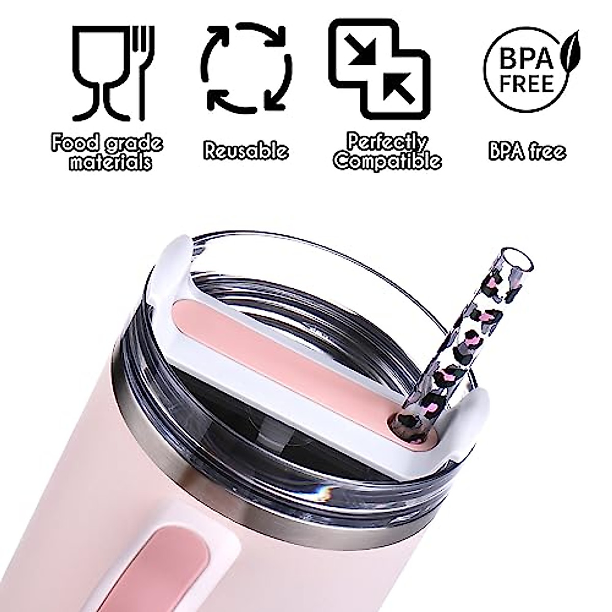 AIERSA 6 Pack Leopard Straw Replacement 40oz for Stanley,Plastic Reusable Straw for Stanley Tumbler,Long Straws with Cleaning Brush for Stanley Cup Accessories