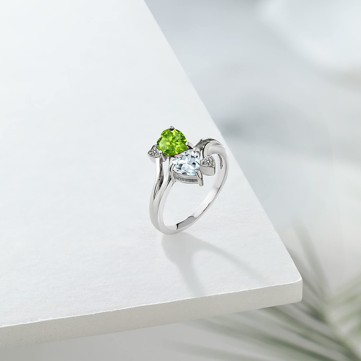 Gem Stone King 925 Sterling Silver Green Peridot Sky Blue Aquamarine and White Diamond Ring For Women (1.53 Cttw, Heart Shape 6MM, Gemstone August Birthstone, Available In Size 5, 6, 7, 8, 9)