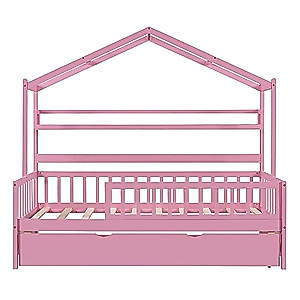 Twin Size House Bed for Kids, Wooden Floor Bed Frame with Trundle & House Roof Frame, Kids Bed Twin with Shelf, Guardrails & Slat Support, Box Spring Needed (Pink)