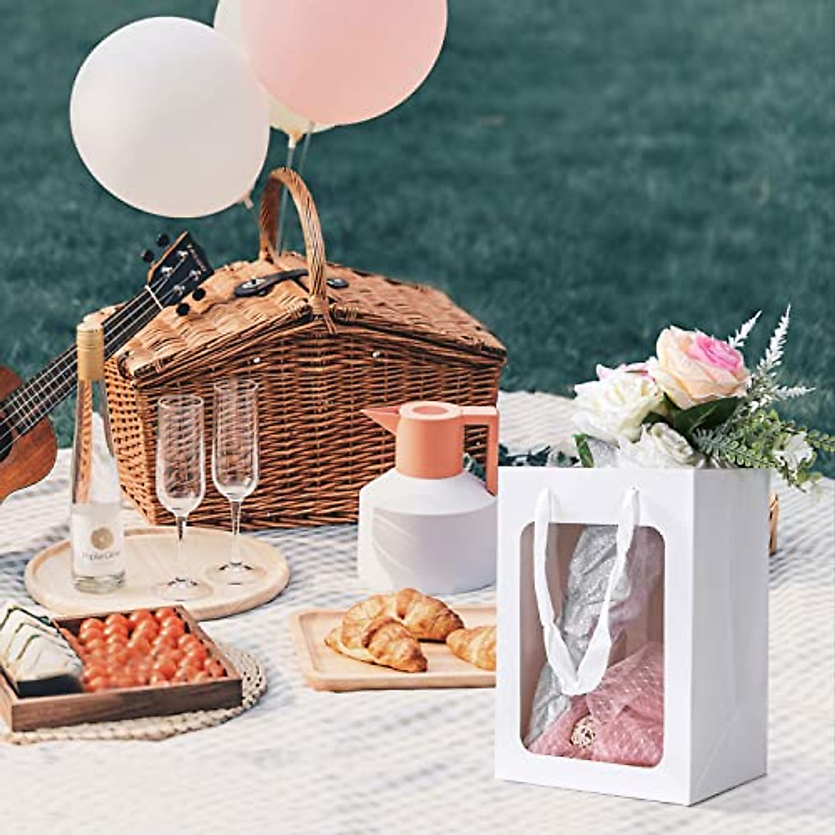 Sdootjewelry Gift Bag with Window, 10pcs White Paper Tote with Transparent Window, 9.8" x 5.1" x 7.0"Transparent Bouquet Gift Bags With Handle, Kraft Paper Gift Bags with Transparent Window