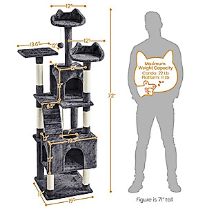 Yaheetech XL Cat Tree, 72in Multi-Level Cat Tower w/ 2 Cozy Caves, 3 Soft Perches, Scratching Posts, Board, and Dangling Ball, Cat Furniture Cat Play House Kittens, Dark Gray
