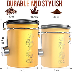 CafetastiQ 38oz / 22oz Coffee Canister – Airtight Stainless Steel Storage Container with Date Tracker & Scoop, Sealed Jar for Grounds, Beans, Tea, Flour, Cereal, and Sugar (Yellow Morning, 38OZ)