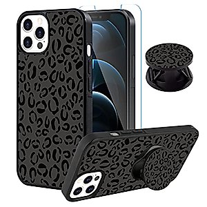 SAKUULO iPhone 12 Pro Max Case, [Screen Protector + Kickstand] Black Leopard Cheetah Design, Anti-Slip Shockproof Lightweight Soft TPU Bumper Protective Case for iPhone 12 Pro Max 6.7 Inch (2020)