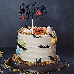Halloween Happy Birthday Witch Cake Topper with 30 Pieces 3D Bats Cake Decoration Black Glittery Halloween Pumpkin Cake Topper Ghost Cake Picks for Birthday Halloween Party Supplies