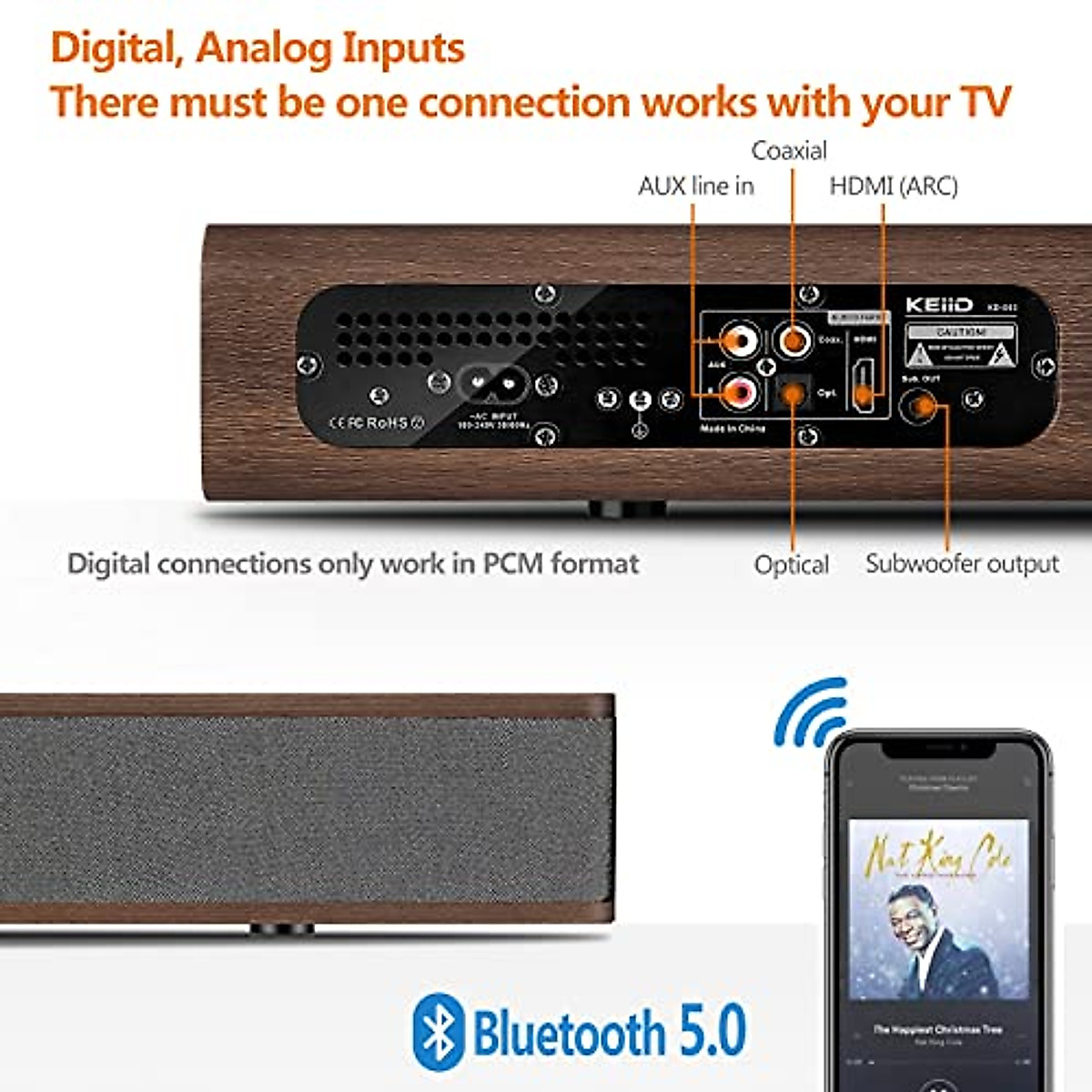 KEiiD Sound Bar for TV 2.1 CH Wooden Soundbar with Built-in Subwoofer, Bluetooth HDMI(ARC)/ Optical/Coaxial/RCA Connection, 4 EQ Modes Optional for Home Theater TV Speakers